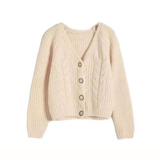 Generic Pull de printemps torsad&eacute; taille haute col en V bouton tendance couleur unie cardigan en tricot ample pour femme, Blanc cass&eacute;, XXL