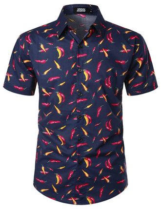 JOGAL Herren Blumen Hawaii Hemd Kurzarm Freizeit Baumwolle Sommer Strand Hemd Marine Pfeffer Mittel