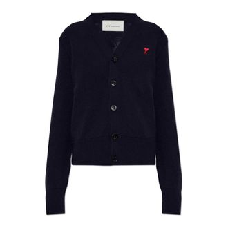 Ami Femme, Pulls, Bleu, Taille: 34 FR Cardigan en laine avec logo brod&eacute;