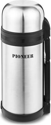Pioneer Authentic Jeans Outdoor-Isolierflasche aus Hochwertigem Edelstahl mit Griff und Tasse 1,5 L Doppelwandig Auslaufsicher 8 Stunden Heiß oder Kühl BPA Frei - Gebürsteter