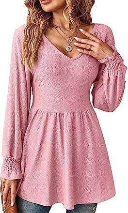 TOMWELL Haut Femme Manches Longues Couleur Unie Automne Blouse Élégant Décontracté Imprimé Chemisier Grande Taille Pas Cher Pullover Tops B1 Rose XXL