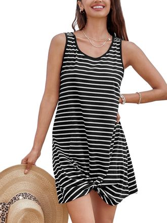 Cupshe Damen Cover Up Strandkleid Luftig Rundhals Ärmellos Twisted Streifenmuster Kurz Strandponcho Sommer Beach Mini Dress Schwarz/Weiß Streifen XL