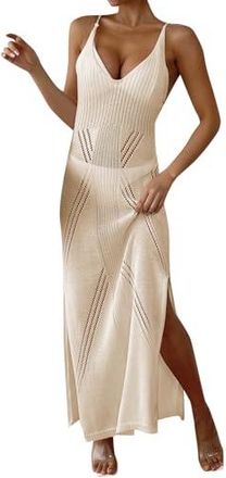 Generic 2026 Robe amincissante pour femme Robe longue sans manches fendue Maxi avec bretelles r&eacute;glables Coupe ajust&eacute;e, beige, Taille unique
