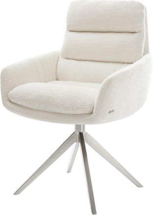 DELIFE Esszimmerstuhl Abelia-Flex mit Armlehnen Kreuzgestell breit Edelstahl Bouclé Soft Beige 360° drehbar Wippfunktion