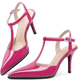 EDEFS Escarpins Femme Talon Aiguille 9 cm à Perles en Cuir Verni Bout Pointu T-Strap Slingback pour Mariage Gala Soirée & Casual Rose Vif EU39