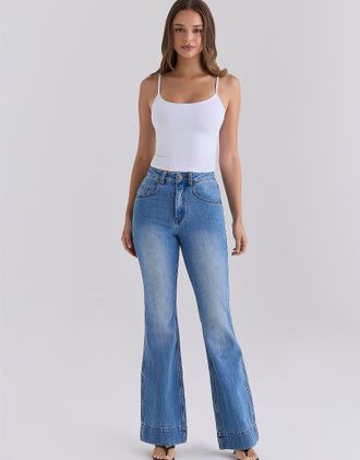 House of CB jean flare taille haute d&eacute;lav&eacute; clair-Bleu