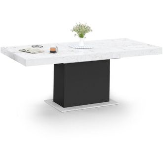 IDMarket Idmarket - Table &agrave; manger extensible rectangle eden 6-10 personnes plateau effet marbre blanc alaska et noir 160-200 cm
