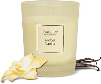 Jean & Len Duftkerze Amber & Vanilla, für gemütliche Abende Zuhause, Handgemachte Duftkerze mit herb-zartem Amber & Vanille Duft, Kerze im stylischen Glas, vegan