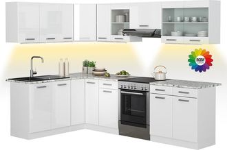 Vicco Eckk&uuml;che Rick, Wei&szlig; Hochglanz, 167 x 60 cm, AP Marmor mit LED-Leisten