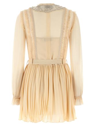 Self Portrait Pleated Georgette with Peter Pan Collar Dress - Cream