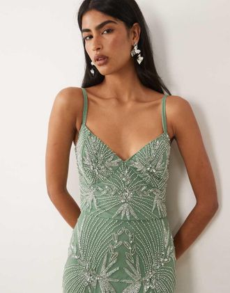 Beauut Robe longue ornement&eacute;e &agrave; bretelles - Vert clair