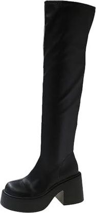 Generic Bottes hautes au genou pour femme - Bottes hautes en similicuir avec bout rond et talon bloc &eacute;pais, semelle antid&eacute;rapante de soutien et ajustement sta