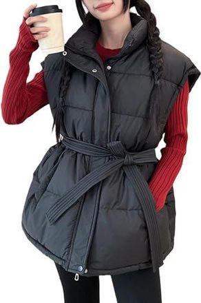 Generic Gilet bouffant sans manches &agrave; col montant et fermeture &eacute;clair avec ceinture et ceinture pour femme, Noir, XL