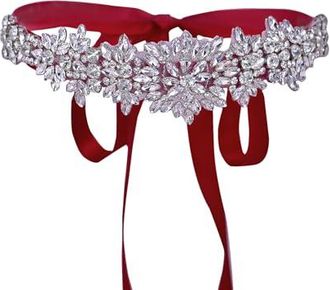 TOPQUEEN Ceinture de Mariage en Cristal pour Femme - Strass et Perles - Rouge Bordeaux, Taille Unique