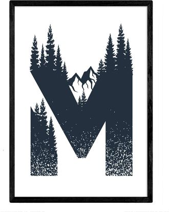 Nacnic Buchstabe M mit Wald und Bergen. Natur.Posters von Buchstaben mit Design. A4-Größe mit Rahmen