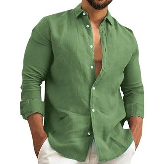 Generic Chemise boutonn&eacute;e en coton et lin pour homme, chemise de couleur unie, chemise essentielle et minimaliste, chemises polyvalentes, l&eacute;g&egrave;res et confortab