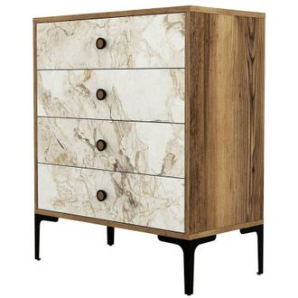 Dmora Kommode Aether, Mehrzweckkommode, Schlafzimmerkommode, Schrank mit Schubladen, 76x40h91 cm, Nussbaum und Wei&szlig;er Marmor, mit verst&auml;rkter Verpackung