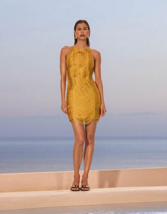 Asos Drapiertes Minikleid in Charteuse mit Neckholder und Fransen-Gelb