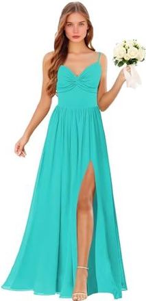 Generic Robe de demoiselle dhonneur en mousseline de soie avec col en V et bretelles spaghetti, longue robe de soirée plissée avec fente, turquoise, 52 Grande