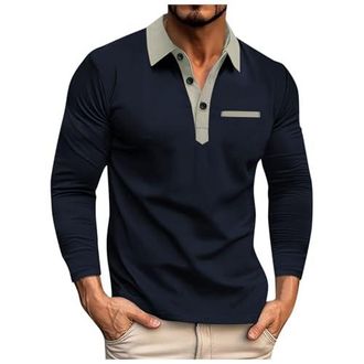 Generic Polo pour homme - D&eacute;contract&eacute; - Coupe ajust&eacute;e - Manches longues et courtes - Patchwork - Chemise de travail, Marine, XXL