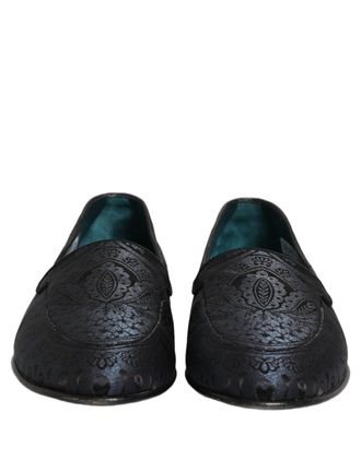 Dolce & Gabbana Mens Blue Jacquard Leather Slip On Loafers Shoes