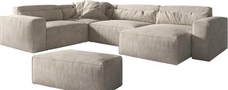 DELIFE Wohnlandschaft Sirpio Cord Beige 300x210 cm Recamiere variabel mit Hocker