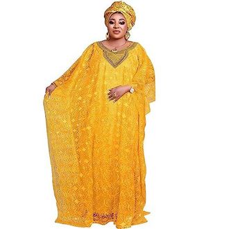 Hawaiian Dreams Robe Caftan Africaine en Dentelle brodée avec col en V pour Femme, avec Bandeau Assorti, Taille Unique, Taille Unique