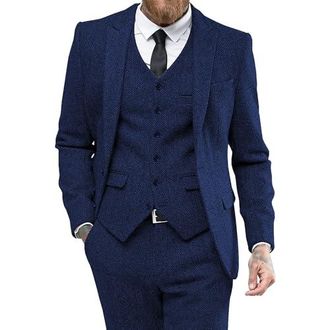 Generic Costume r&eacute;tro en tweed 3 pi&egrave;ces pour homme avec un bouton et revers crant&eacute; - Coupe ajust&eacute;e - Blazer &agrave; chevrons et pantalon, Bleu 1, XL