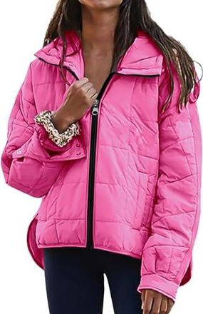 Generic Dolman Doudoune matelass&eacute;e &agrave; manches longues et capuche rembourr&eacute;e avec fermeture &eacute;clair int&eacute;grale pour femme, rose, XXL