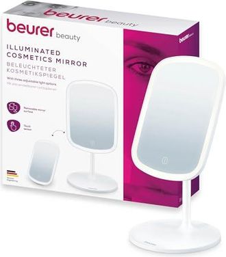 Beurer BS 47 Miroir cosmétique, Miroir de Maquillage avec éclairage en 3 Couleurs, avec Support magnétique, Rotation à 360°, Surface Amovible, réflecteur de 