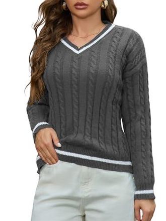 Generic Pull d&eacute;contract&eacute; &agrave; manches longues et col en V pour femme - Pull tendance en tricot torsad&eacute; c&ocirc;tel&eacute; &agrave; &eacute;paules tombantes - Haut Preppy ray&eacute; aux couleurs
