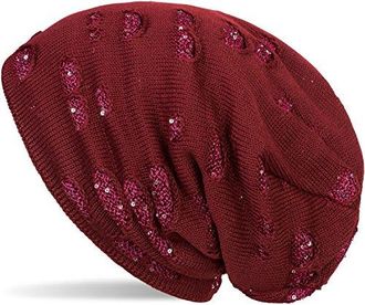 styleBREAKER Bonnet Beanie Chaud &agrave; Mailles Fines, Aspect Destroyed &agrave; Paillettes, Doublure int&eacute;rieure en Polaire, Bonne Beanie Long, Femme 04024127, Couleur:Bordeau