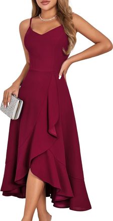 Dresstells Cocktailkleid Damen Festlich Tr&auml;ger Hochtief Kleider f&uuml;r Hochzeit Knielang R&uuml;schensaum Sommerkleid R&uuml;ckenfrei Curvy Elegantes Partykleid Burgundy M