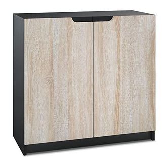 Vladon Buffet Logan, Commode avec 2 Portes, Noir Mat/ch&ecirc;ne Brut (82 x 78 x 37 cm)