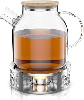Arendo Glas Teekanne mit St&ouml;vchen - Bambusdeckel - inklusive Edelstahlst&ouml;vchen - Fassungsverm&ouml;gen 1,4 Liter - hitzebest&auml;ndig - mit Siebeinsatz f&uuml;r Bl&uuml;tentee 