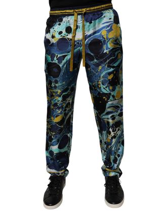 Dolce & Gabbana Mens Multicolor Marble Print Jogger Sweatpants Pants Silk