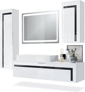 Vladon Badm&ouml;bel Komplettset Aloha, Made in Germany, Korpus in Wei&szlig; matt/Fronten in Wei&szlig; Hochglanz mit Absetzungen in Schwarz Hochglanz, mit Aufsatzwaschbecke