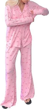 Generic Pyjama long pour femmes, cadeau de Saint-Valentin 2026, v&ecirc;tements de nuit, v&ecirc;tements de nuit, col rabattable, v&ecirc;tements de d&eacute;tente, pyjama mignon (2),