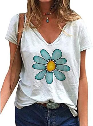 ORANDESIGNE Femme Été Chic Col V Manche Courte T-Shirt Fleur Imprimer Chemisier Blouse Élégant Mode Basique Hauts Tops F Blanc XL
