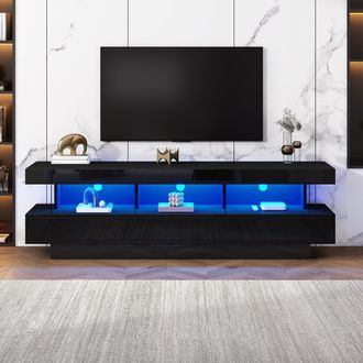 Generic TV Schrank schwarz Hochglanz 160 cm Lowboard mit farbwechselnder LED Beleuchtung 3 Glasf&auml;chern Fernsehtisch f&uuml;r Fernseher bis 70 Zoll modernes Wohnzim