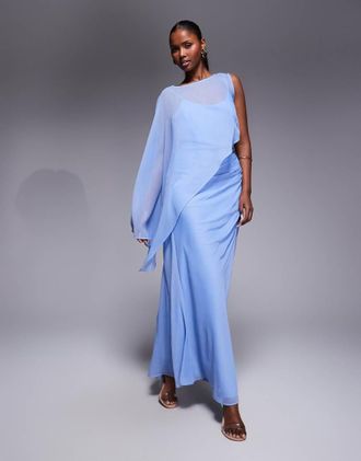 Asos Robe longue drap&eacute;e &agrave; manche chauve-souris asym&eacute;trique - Bleu clair