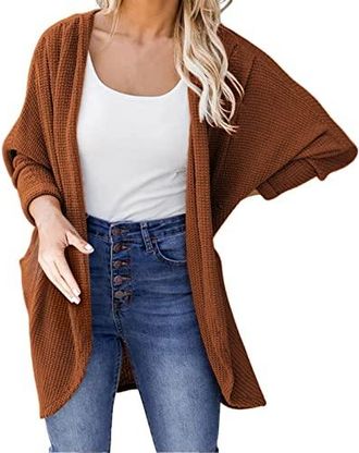 Generic 2026 Vestes pour femmes ouvert sur le devant long tricot doux pull couleur unie manches l&acirc;che veste d&eacute;contract&eacute;e cardigan, caf&eacute;, M