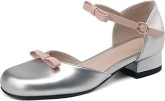 Generic Escarpins Mary Jane Rétro pour Femme Bout Carré Dessus en Similicuir Bride Cheville avec Noeud Et Boucle Talons Blocs Bas À Enfiler Chaussures Décontr