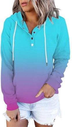Generic Sweat &agrave; capuche pour femme d&eacute;grad&eacute; de couleur Sweat &agrave; capuche Bouton Pull &agrave; manches longues Sweat-shirt avec bouton et poches Loisirs Sport T-shirt &agrave; 