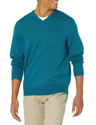 Amazon Essentials Herren V-Ausschnitt Pullover 100% Baumwolle Regular Fit (Erh&auml;ltlich In Gro&szlig; und Schwer), Gr&uuml;nblau Meliert, S
