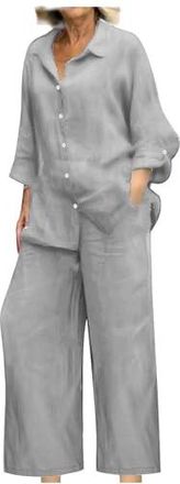 Generic Ensemble 2 pi&egrave;ces en lin pour femme 2024, chemises amples &agrave; manches longues, jambes larges, pantalon assorti, tenues de vacances grande taille, combin