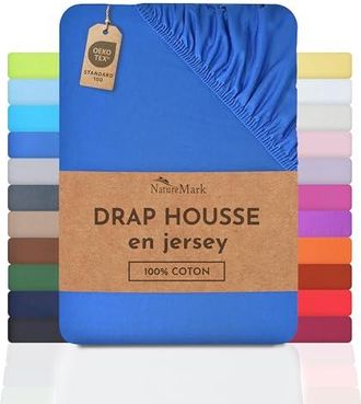 NatureMark Drap-Housse en Jersey, 100% Coton, Disponible dans de Nombreuses Tailles et Couleurs, qualit&eacute; Oeko-Tex Standard 100, 180 x 200 cm - 200 x 200 cm, Bleu