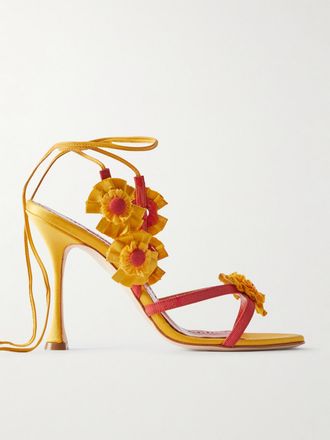 Manolo Blahnik Sandales En Satin Et En Gros-grain À Appliqués Et À Finitions En Cuir Palissot - Jaune