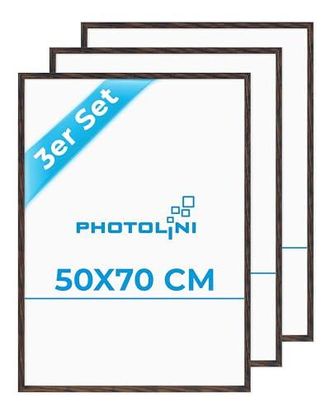 Photolini Cadre 50x70 bois ch&ecirc;ne fonc&eacute; MDF, lot de 3 cadre pour puzzle 50x70, cadre photos avec verre acrylique incassable, cadre photo 70x50 &agrave; suspendre, cadre