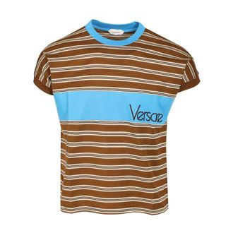 Versace Homme, Tops, Multicolore, Taille: L T-shirt en coton &agrave; rayures intarsia et logo brod&eacute;